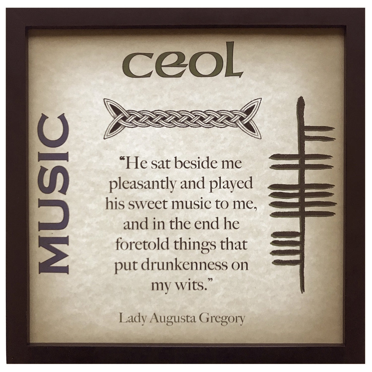 Music (Ceol) Framed Irish Art in English, Irish & Ogham – OghamArt